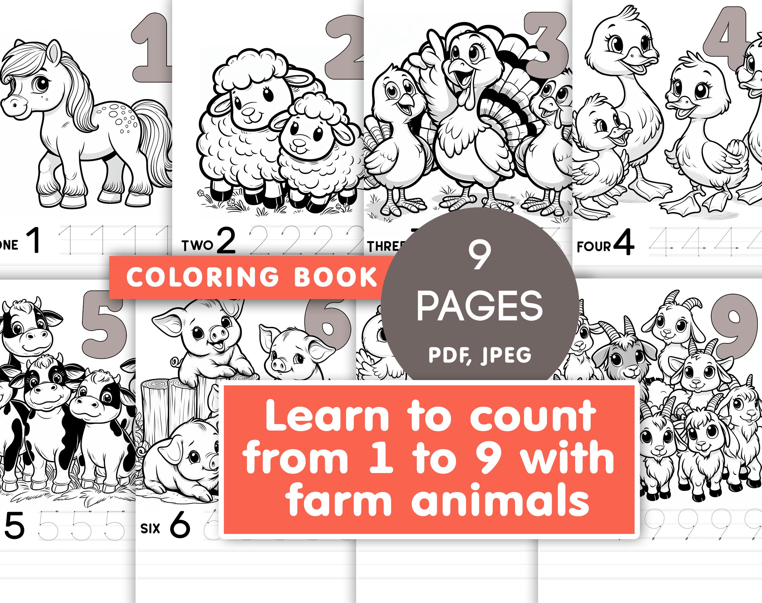 Digital Coloring Set "learn to Count From 1 to 9 With Farm Animals ...