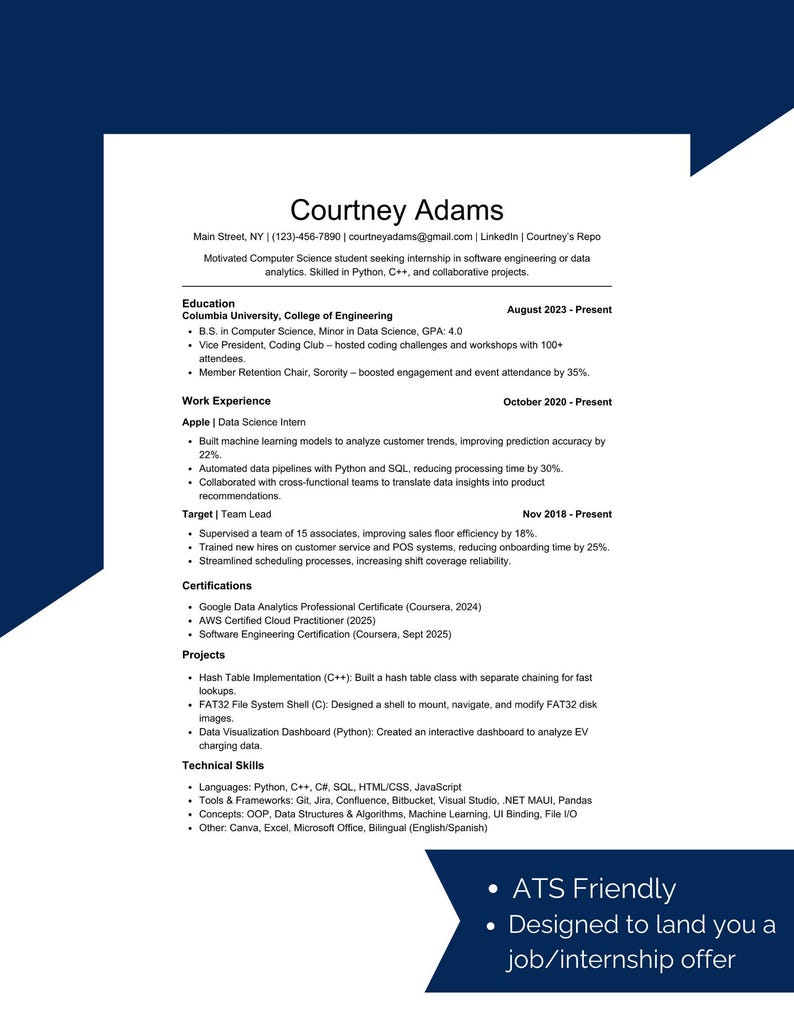 Ats-friendly Tech Resume Template: Minimalist Design (word, Canva ...