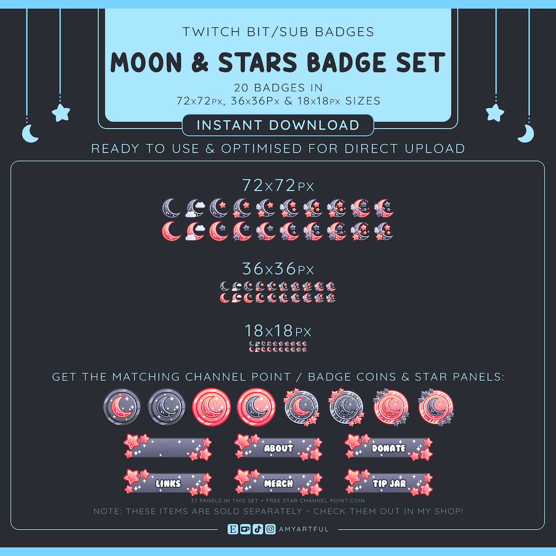 Twitch BIT SUB Badges & Channel Points Black and Red Moon and Stars ...