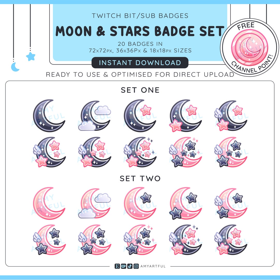 Twitch BIT SUB Badges & Channel Points Black and Pink Moon and Stars ...