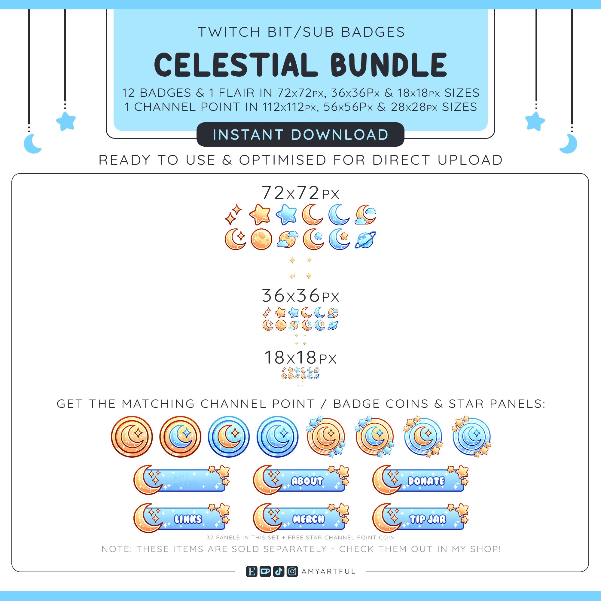 Twitch BIT SUB Badges & Channel Points Blue and Yellow Celestial Badge ...