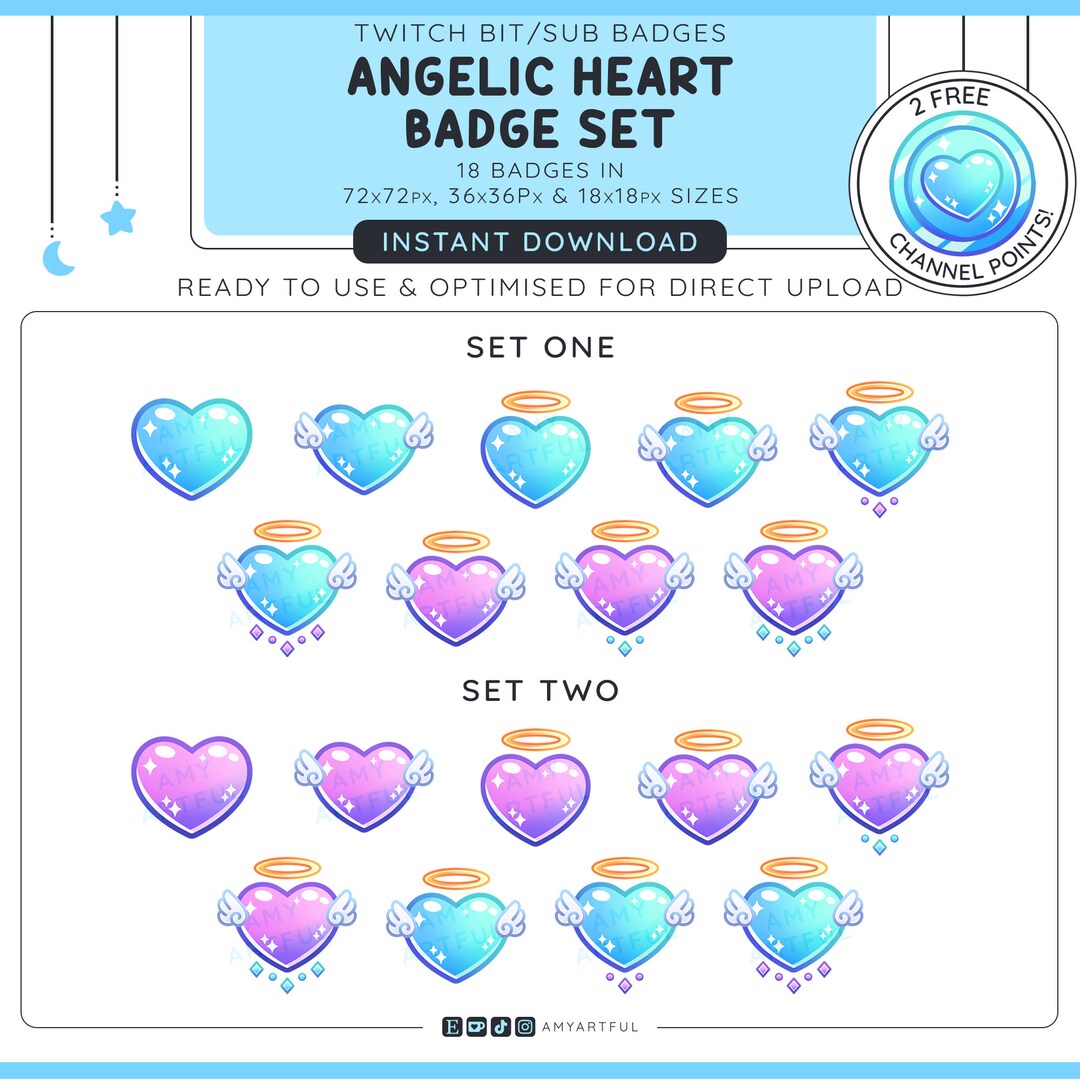 Twitch BIT SUB Badges & Channel Points Blue and Purple Angelic Heart ...
