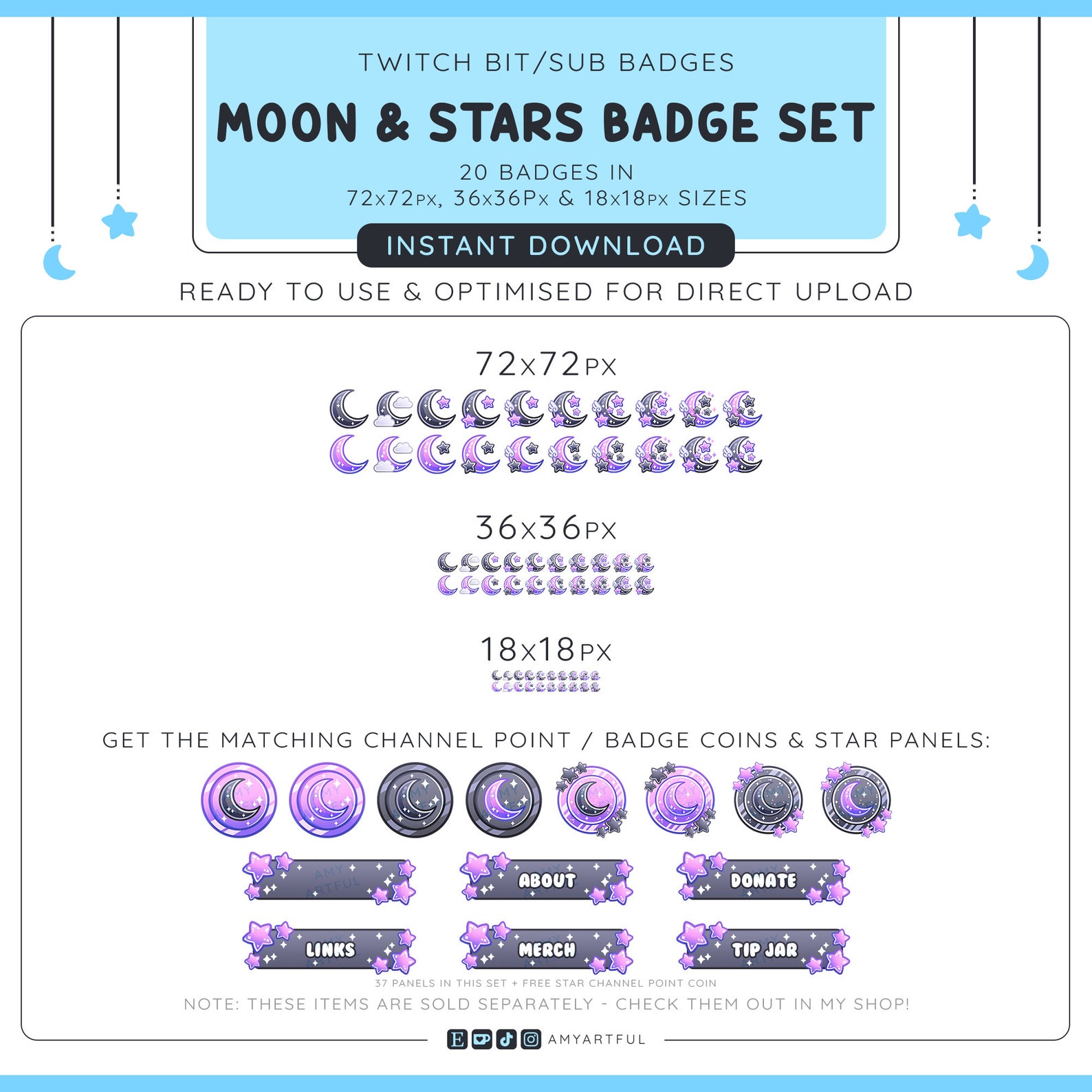 Twitch BIT SUB Badges & Channel Points Black and Purple Moon and Stars ...