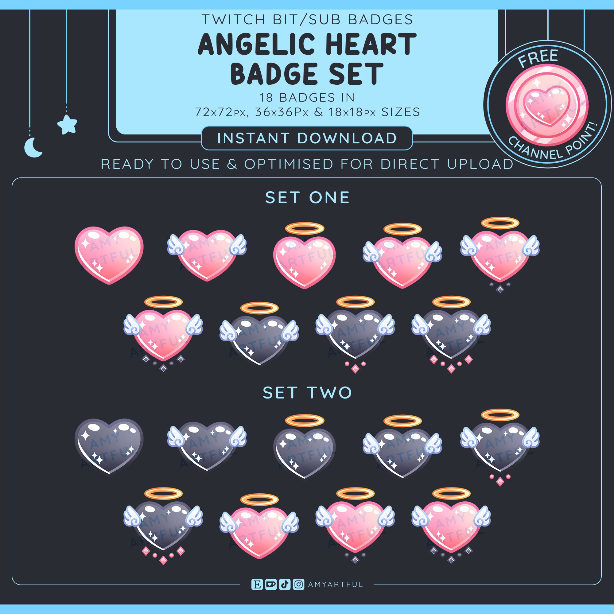 Twitch BIT SUB Badges & Channel Points Black and Pink Angelic Heart ...