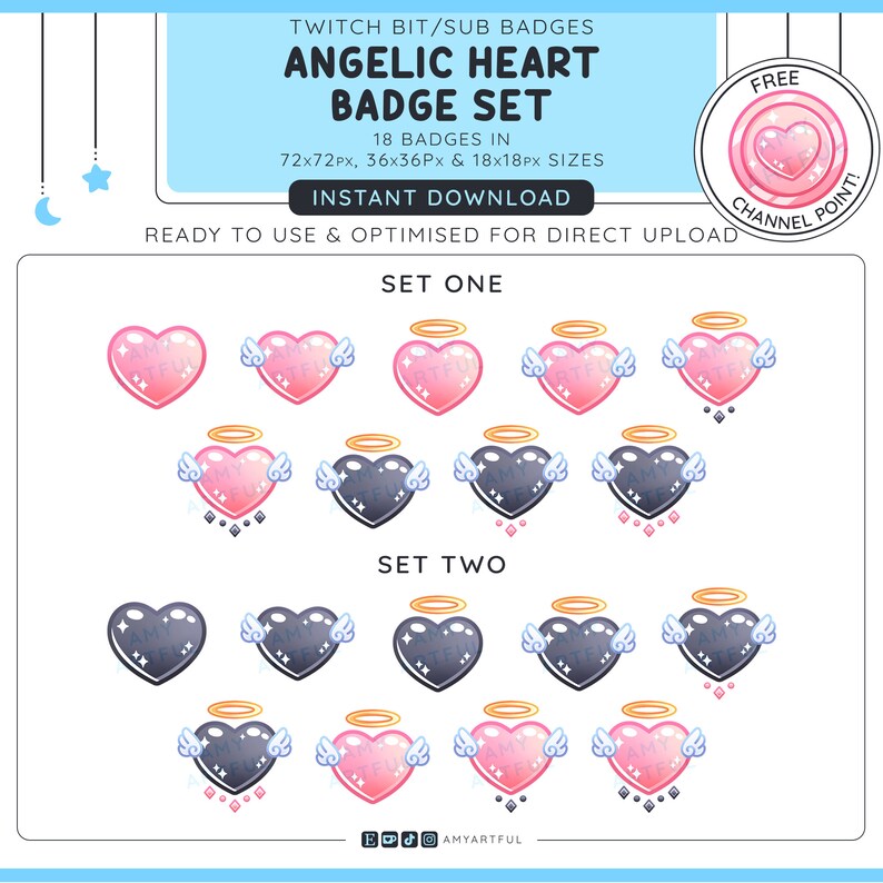 Twitch BIT SUB Badges & Channel Points Black and Pink Angelic Heart ...