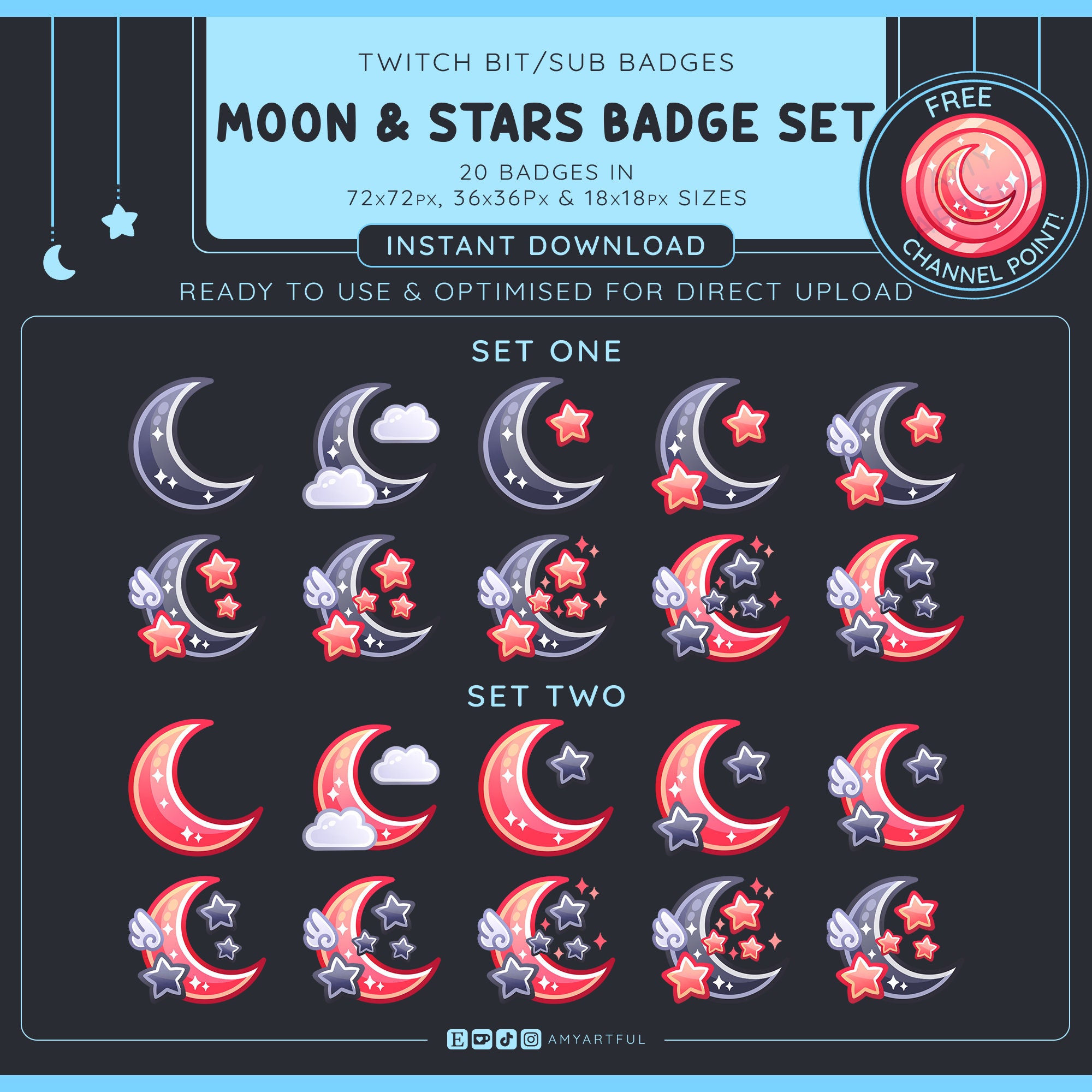 Twitch BIT SUB Badges & Channel Points Black and Red Moon and Stars ...