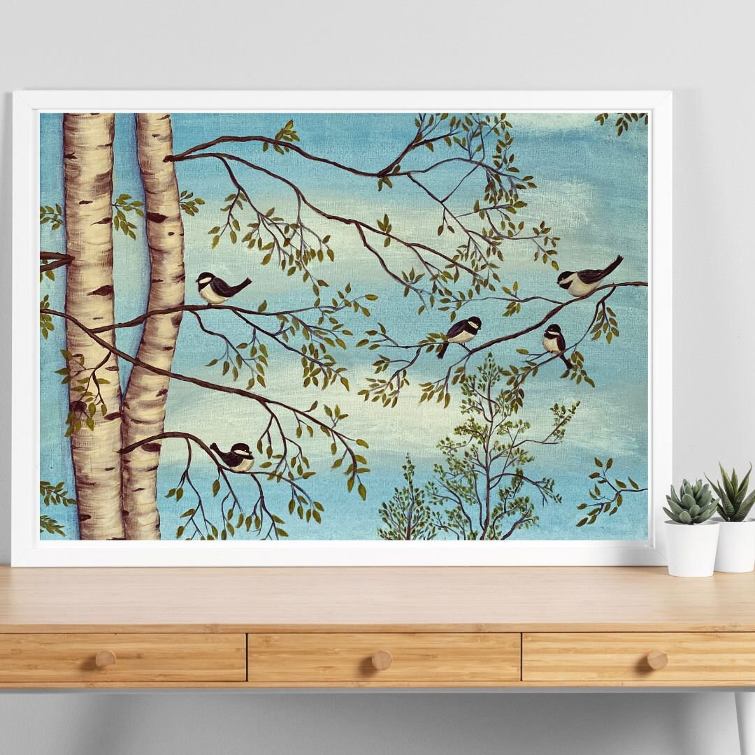 A Tree Full of Chickadees / Bird Wall Art / Birch Tree Print / Bird ...