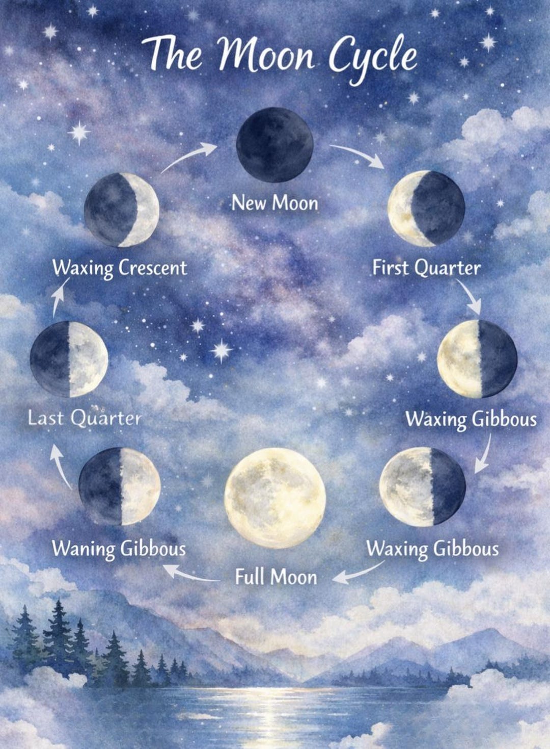 Montessori Moon Phases Learning Cards | Watercolor Moon Cycle (digital ...