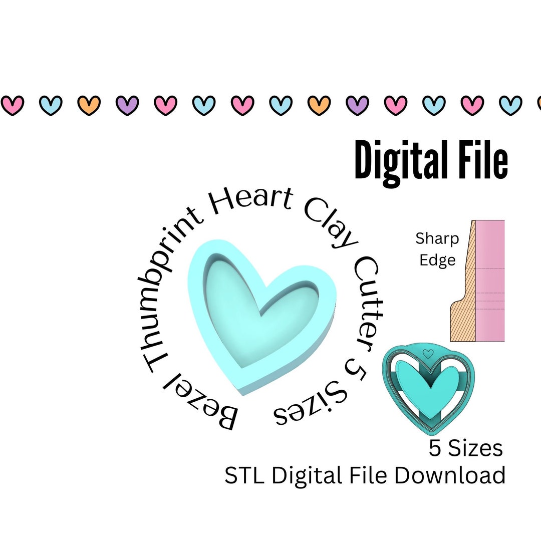 Bezel Thumbprint Heart Stud Dangle Valentines Day Clay Cutter STL ...