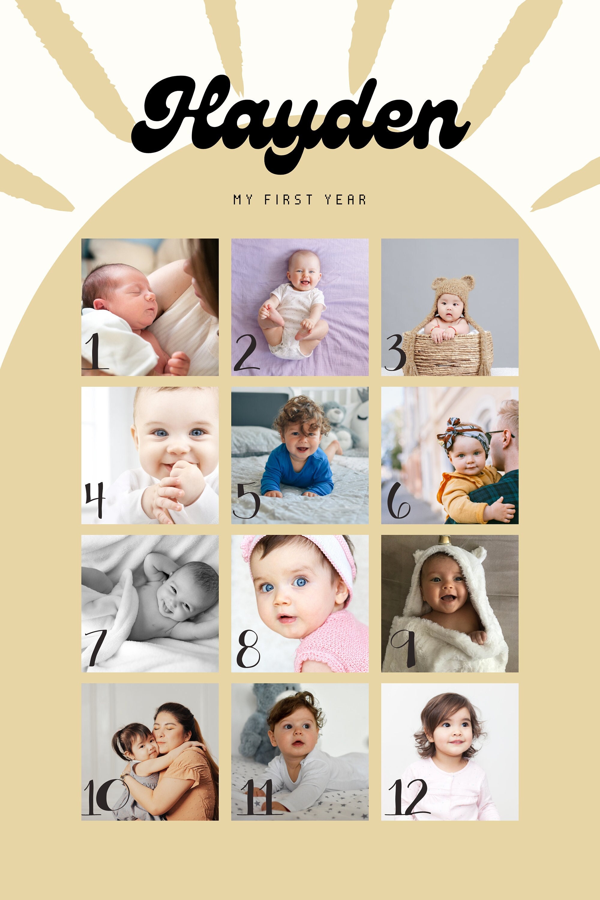 Babys First Year Poster, Canva Template, 1st Birthday Neutral, Retro ...