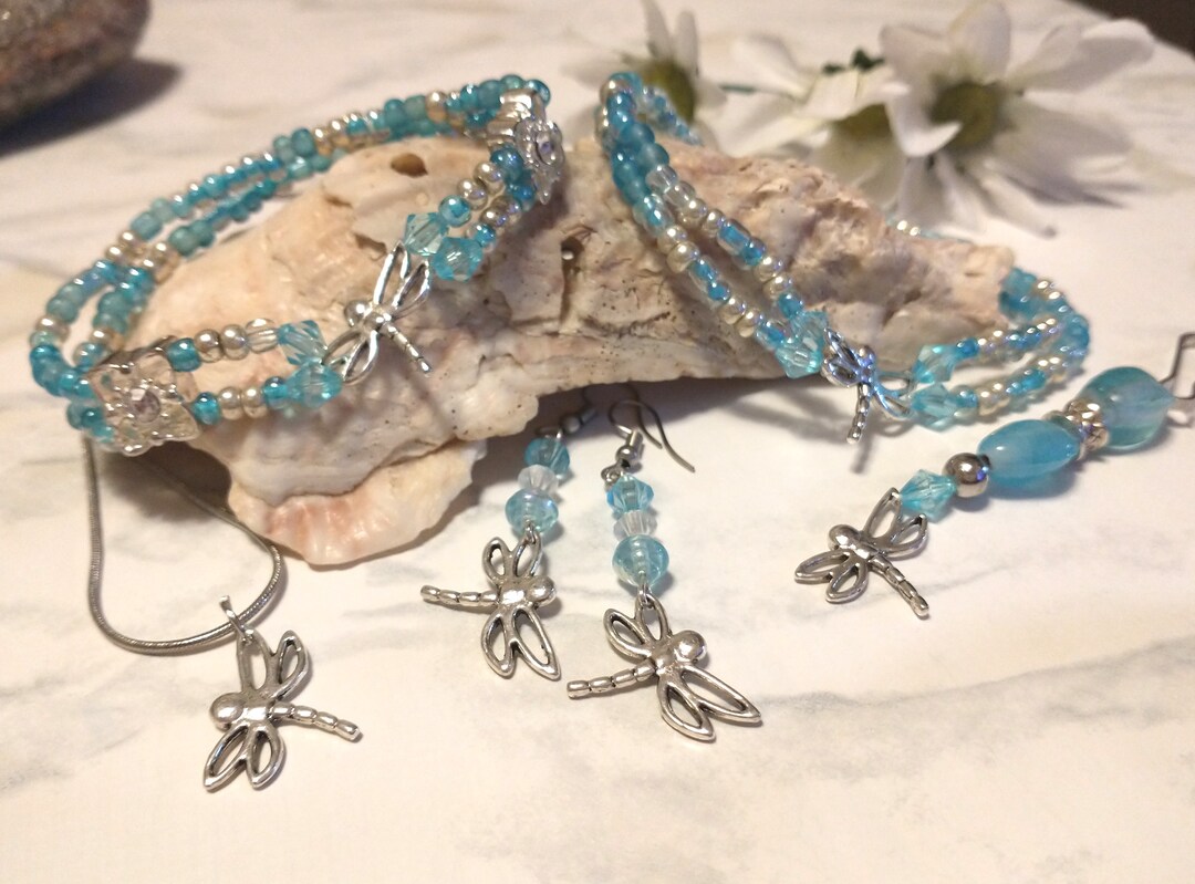 Dragonfly Jewelry Set, Beaded Stretchy Bracelet, Anklet, Rear View ...