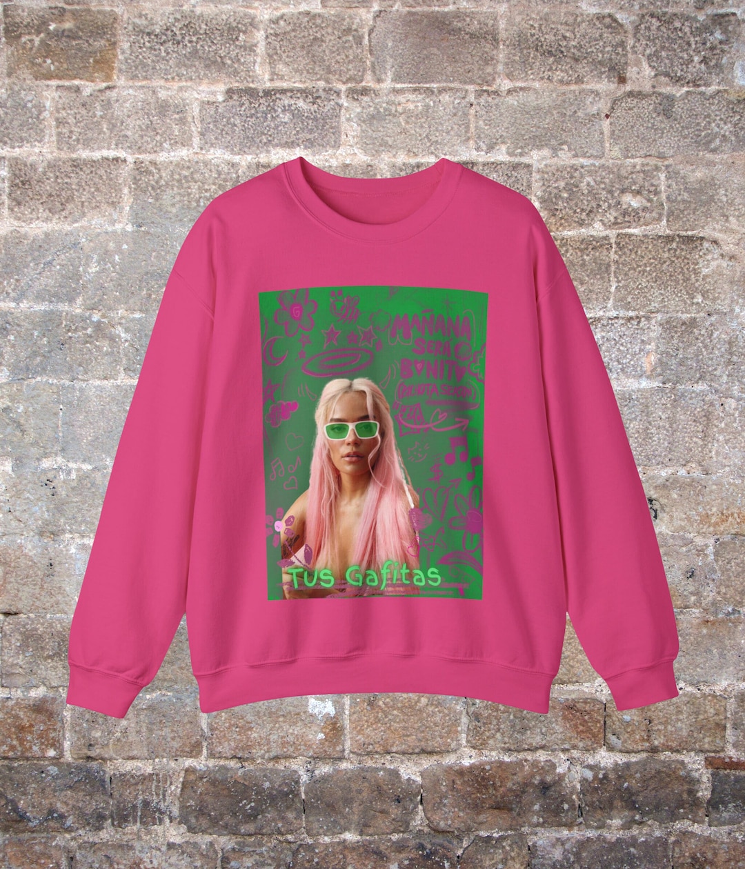 Karol G Crew Neck in Green and Pink Featuring Tus Gafitas Art From ...
