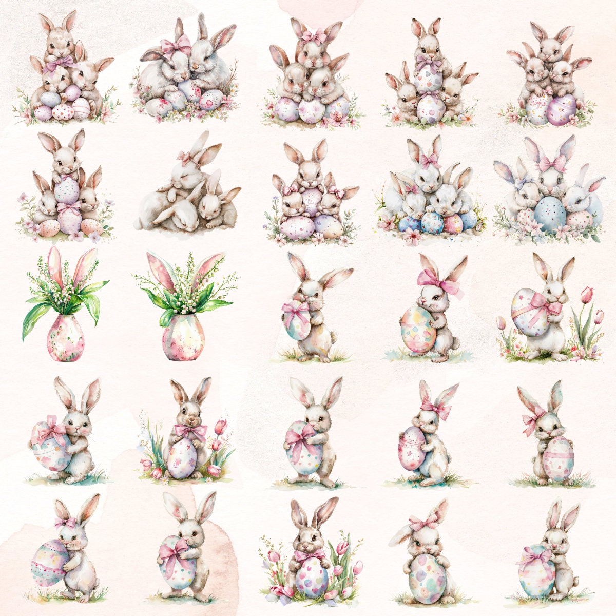 Cute Pink Easter Bunny Clipart, Watercolor Easter Clipart, Cute Easter ...