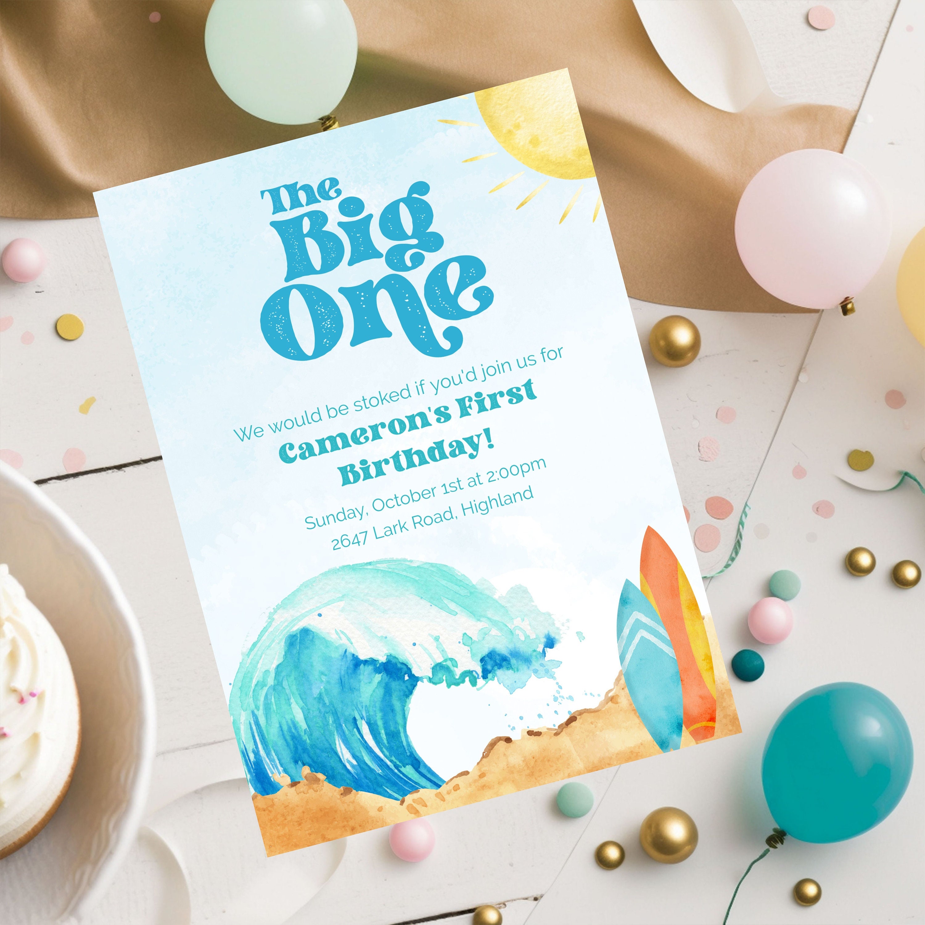 Editable the Big One First Birthday Party Invite, Surfing Wave Birthday ...