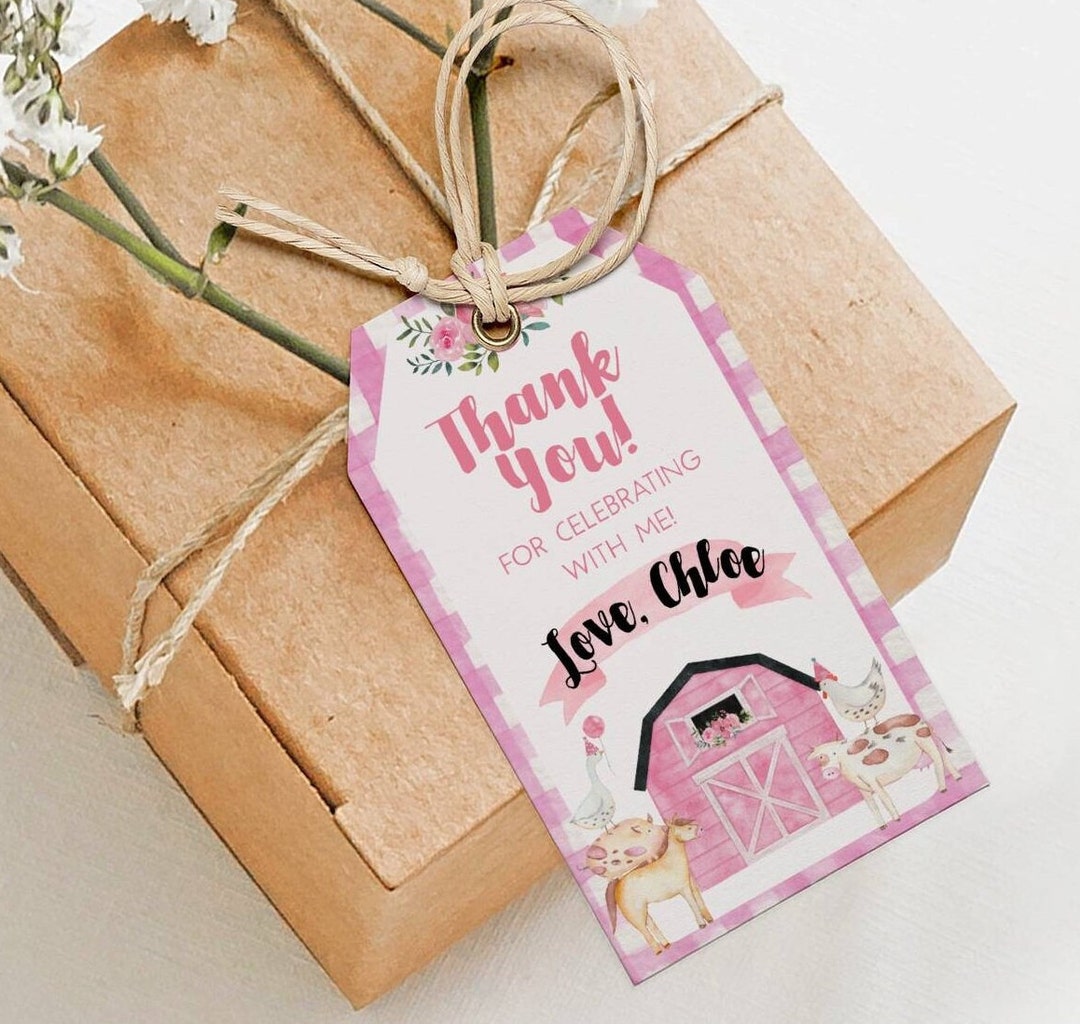 Editable Pink Farm Thank You Tag, Farm Favor Tags, Pink Farm Birthday ...