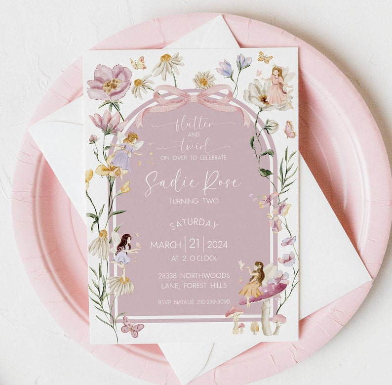 Editable Fairy MAUVE Birthday Party Invite, Fairy Garden Party Mauve ...