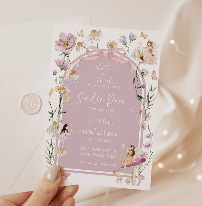 Editable Fairy MAUVE Birthday Party Invite, Fairy Garden Party Mauve ...