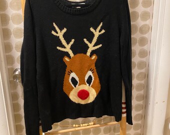 Rudolph Reindeer Christmas Sweater With Squeaker Behind His Nose and ...