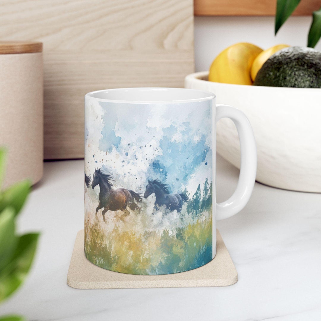 Wild Horses Ceramic Mug, Running in Field Watercolor Look, Gift, Coffee ...