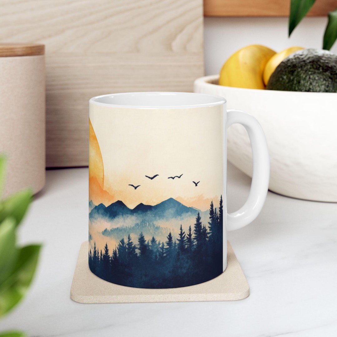 Mountain Sunset Ceramic Mug, Nature Camping Gift, 11oz, Outdoor ...