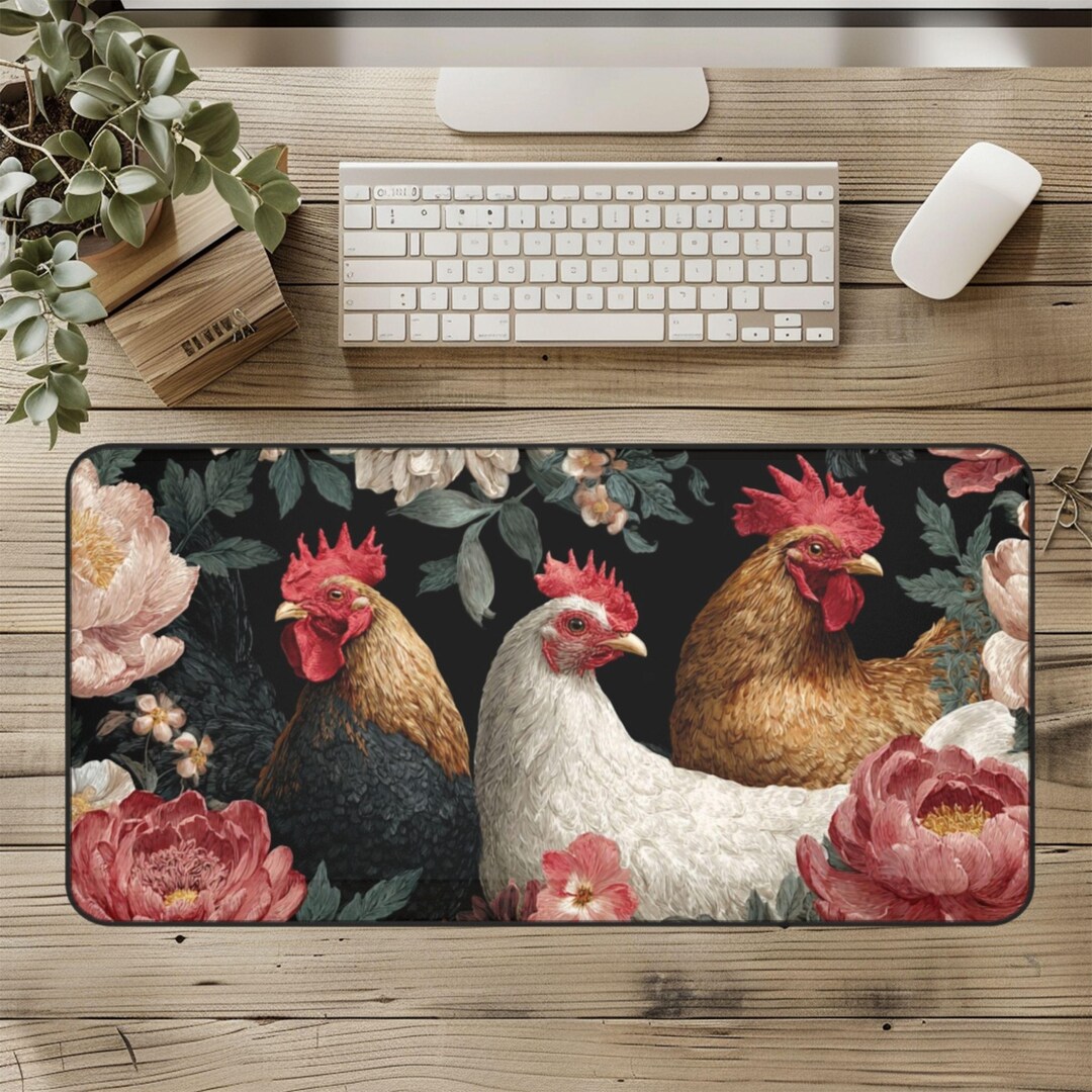 Rooster Floral Desk Mat, Chicken Lover Gift, Farmhouse Office Decor ...