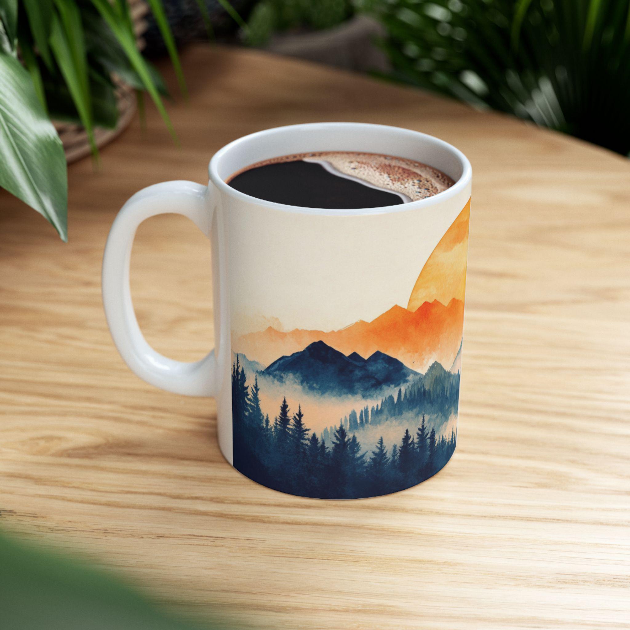 Mountain Sunset Ceramic Mug, Nature Camping Gift, 11oz, Outdoor ...