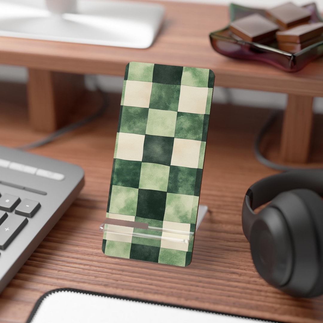 Phone Stand Holder, Green Checkered Board Watercolor Look Gift ...