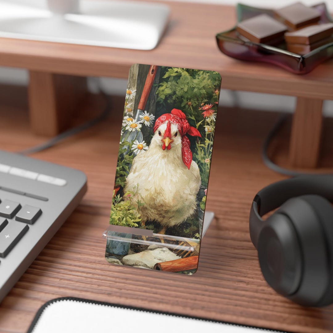 Phone Stand for Smartphones - Cute Chicken in Bandana With Garden Tools ...