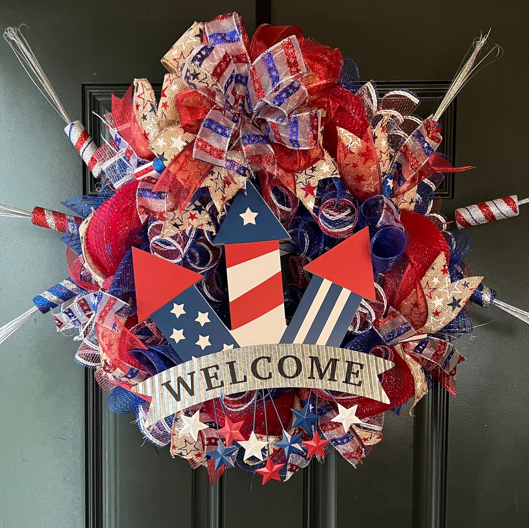 Red, White, and Blue welcome Deco Mesh Door Wreath - Etsy