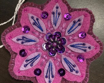 Handmade Felt Ornament Hand Embroidered Ornament Folk Art Snowflake ...