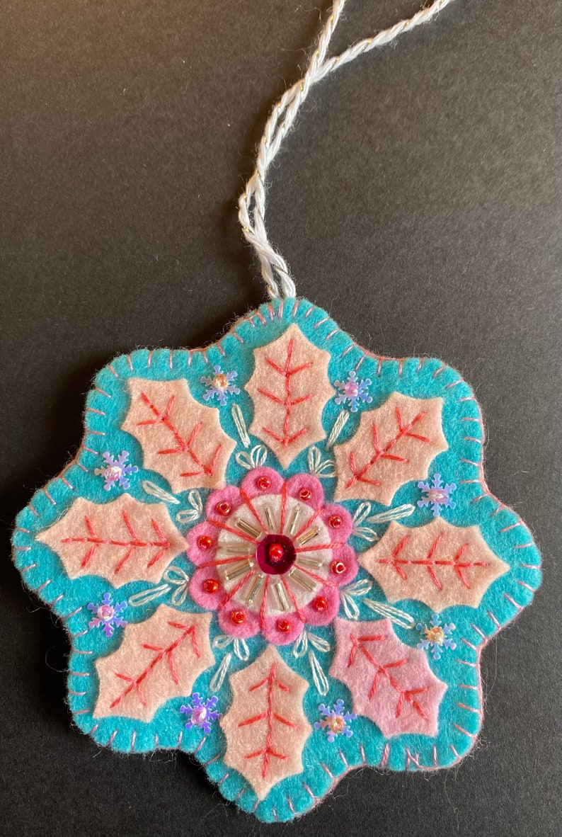 Handmade Felt Ornament Hand Embroidered Ornament Folk Art Snowflake