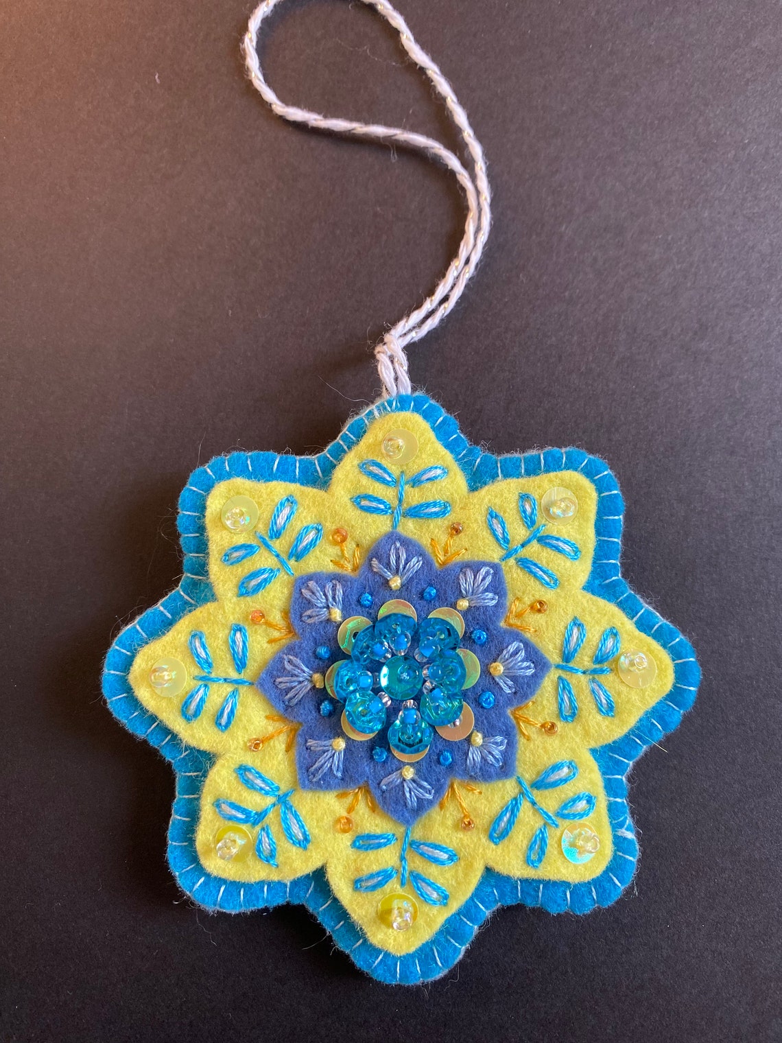 Blue & Yellow Handmade Felt Ornament | Hand Embroidered Ornament | Folk ...