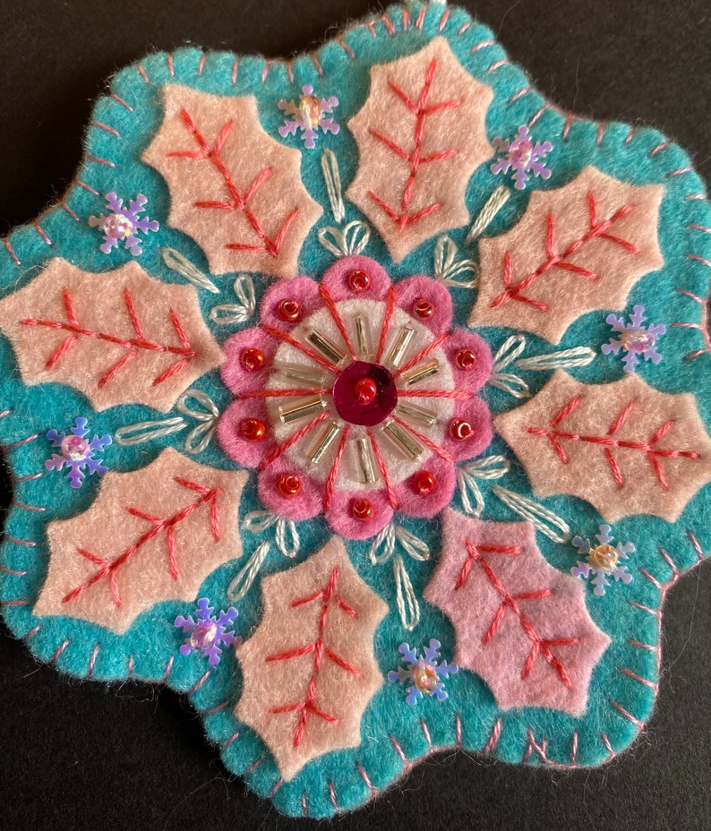 Handmade Felt Ornament Hand Embroidered Ornament Folk Art Snowflake