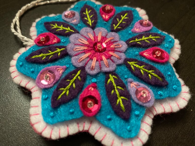 Handmade Felt Ornament Hand Embroidered Ornament Folk Art Snowflake ...