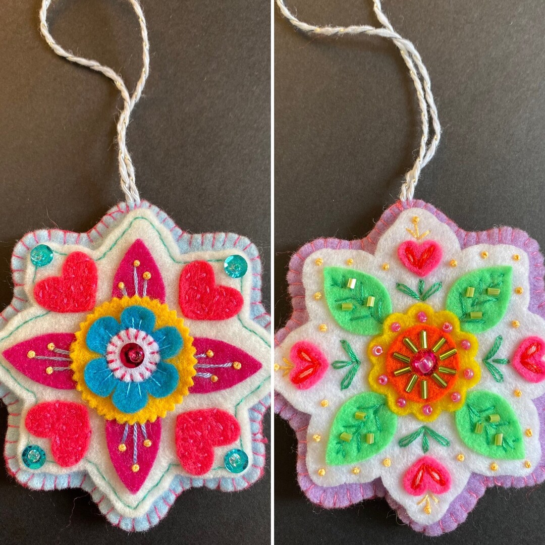 Handmade Felt Ornament | Hand Embroidered Ornament | Folk Art Snowflake ...