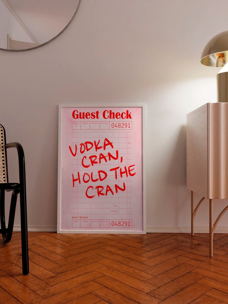 Guest Check Print Trendy Wall Art Vodka Cran Poster Pink Decor Bar ...
