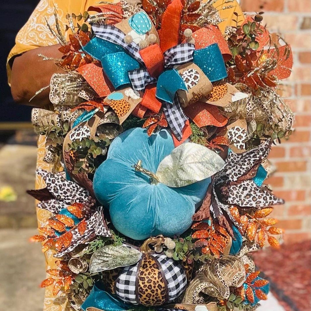 Stunning Teal and Leopard Pumpkin Fall Wreath With Leopard and Gingham ...