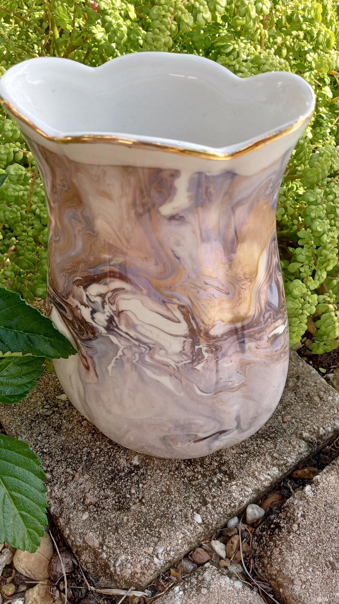 Vintage NANTUCKET Porcelain Vase FAUX MARBLE Modern Swirl Scalloped ...