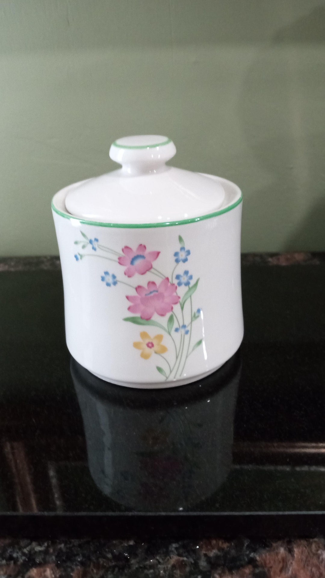 Vintage SANGO by Joan LUNTZ' Fresh Flower Design Green Trim Sugar Bowl ...