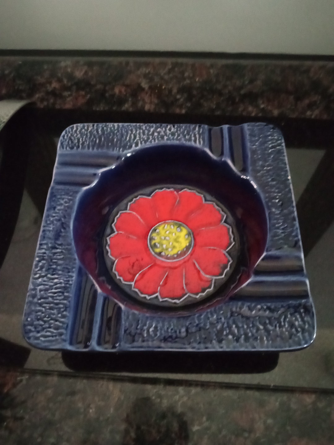 Vintage Cobalt Blue Ceramic Ash Tray With Flower Center - Etsy