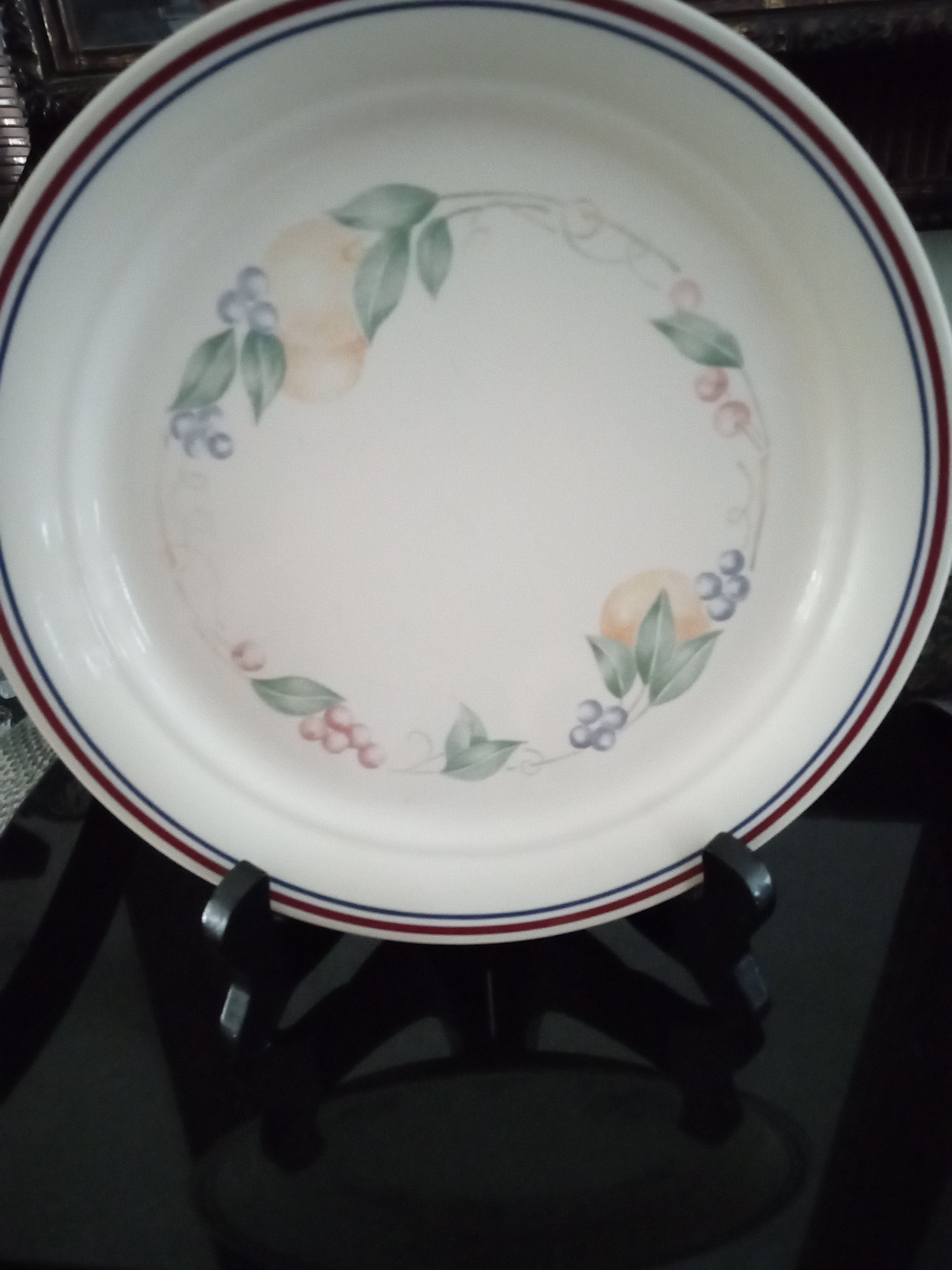 Vintage CORELLE Abundance Fruit Sandstone Maroon Blue Rim Desert Plate ...