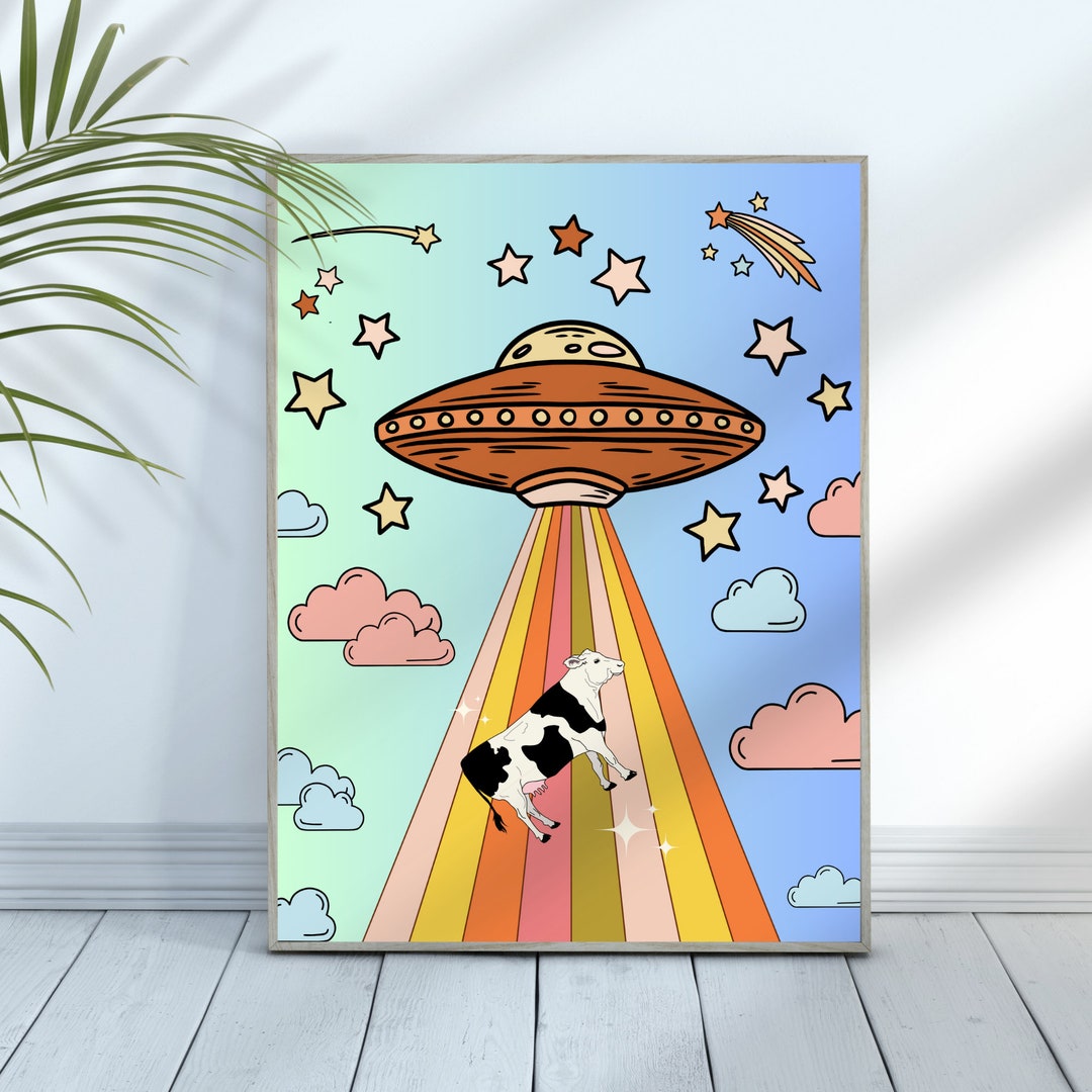 UFO Art Print, Beam Me up Print, UFO and Cow Print, Cow Print, Retro ...