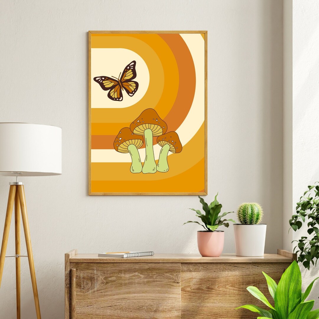 Retro Print, 70s Retro Wall Art Printable, Retro Mushroom Print, Butterfly Print, Psychedelic ...
