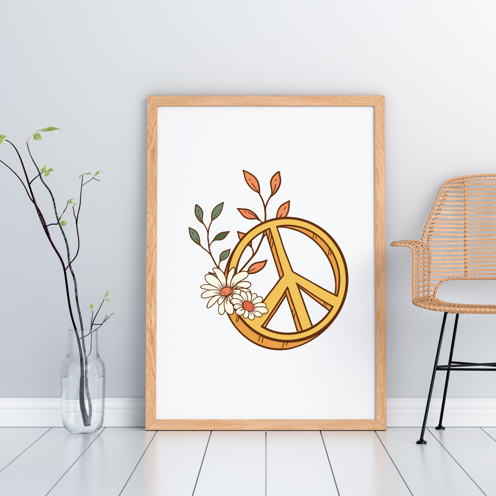 Peace Sign Print, Retro Peace Sign Wall Art, 70s Decor, Retro Flower ...