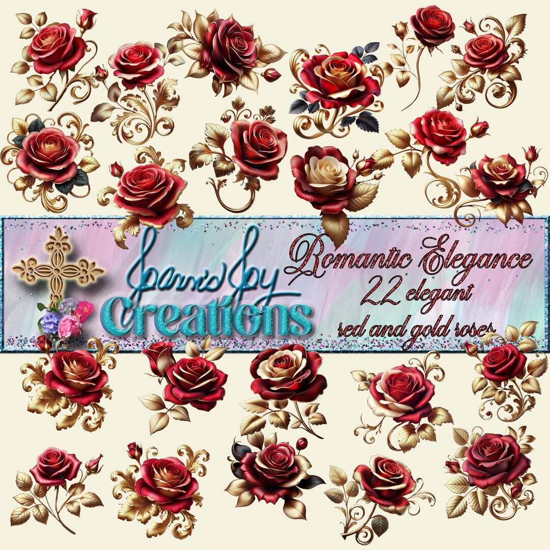 Romantic Red and Gold Roses PNG Clipart (digital Download) - Etsy
