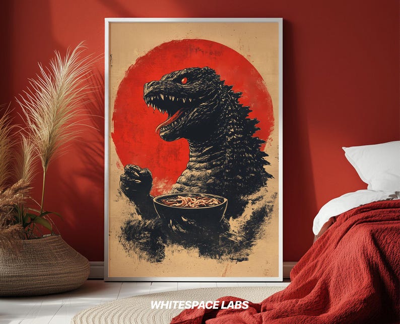 Vintage Japanese Godzilla Poster | Ramen Bowl Digital Download | Retro ...