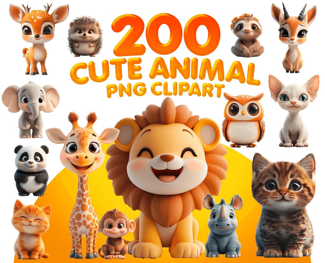 200 Cute Animal Clipart, Lion, Tiger, Deer, Giraffe, Panda, Cat ...