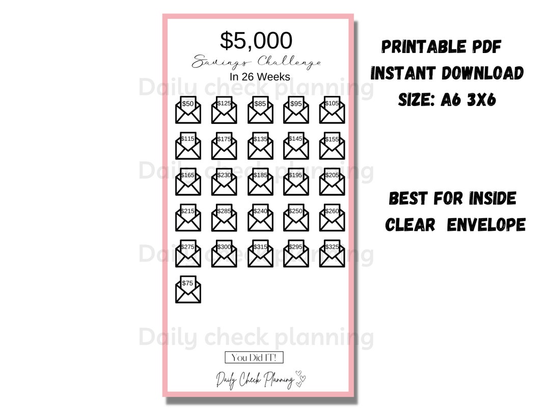 Printable- 5,000 Dollars Saving Challenge Pink A6 3x6 - Etsy