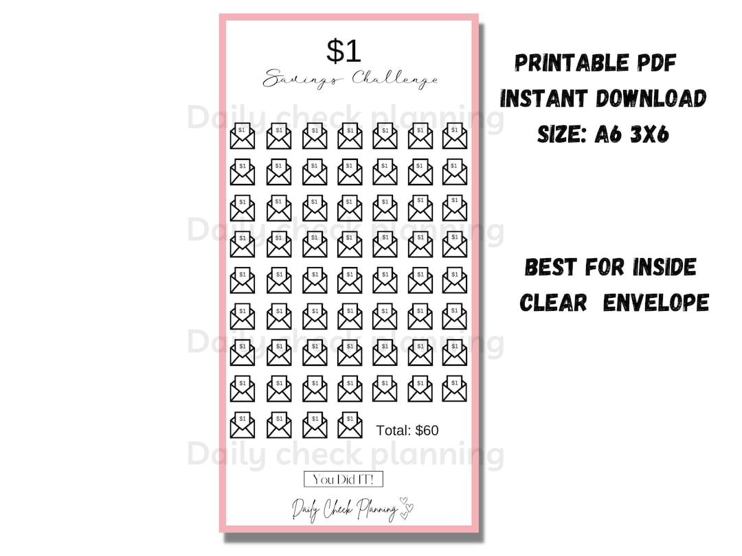 Printable- 1 Dollar Savings Challenge Pink A6 3x6 - Etsy