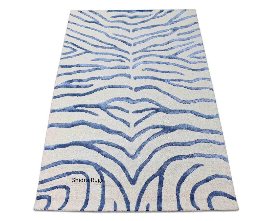 White & Blue Zebra Print Area Rug, Hand Tufted Pure Wool Rug, Handmade ...